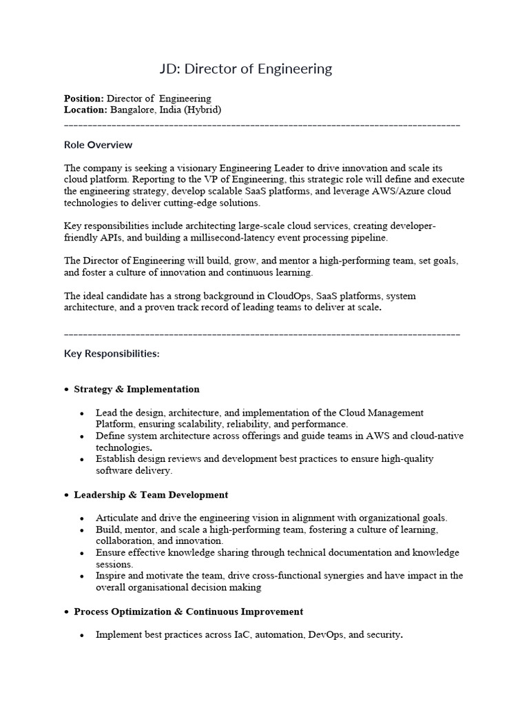 Director of Engineering Job in Bangalore | PDF | Cloud Computing ...