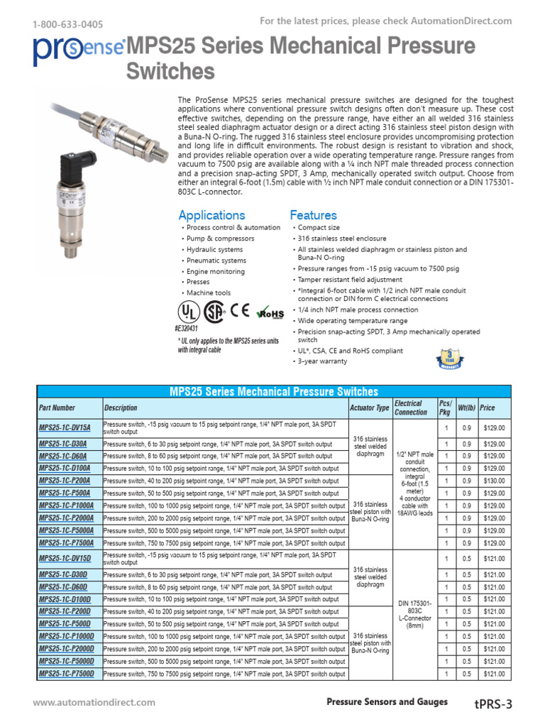 MPS25 Series Pressure Switch Overview | PDF | Electrical Connector | Switch