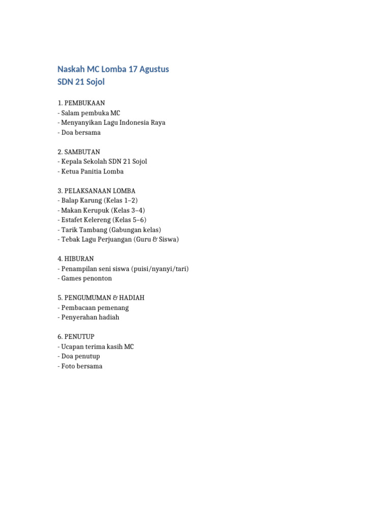 Naskah MC Lomba 17agustus SDN21Sojol | PDF