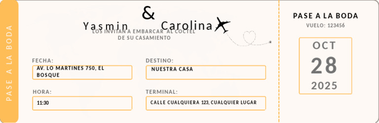 Invitación Ticket Boda Pasaje de Avión Ilustrativo Turquesa | PDF