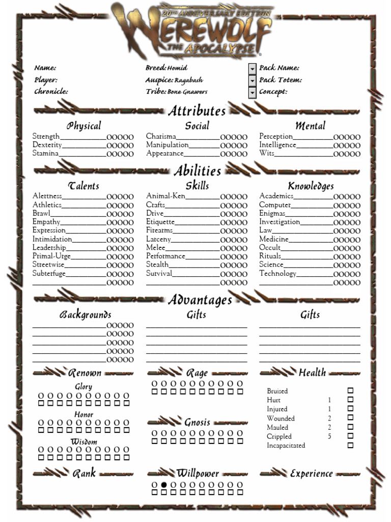 Werewolf Character Sheet Template | PDF | Role Playing Games