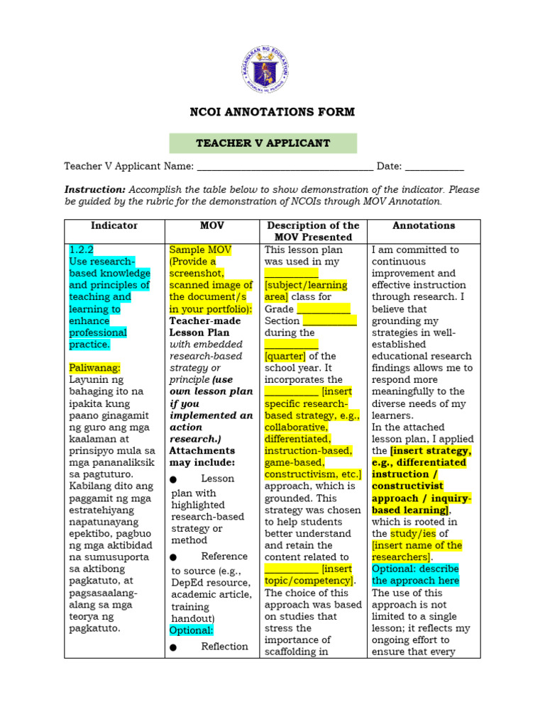 Sample Ncoi For T V Applicant | PDF | Lesson Plan | Constructivism (Philosophy Of Education)