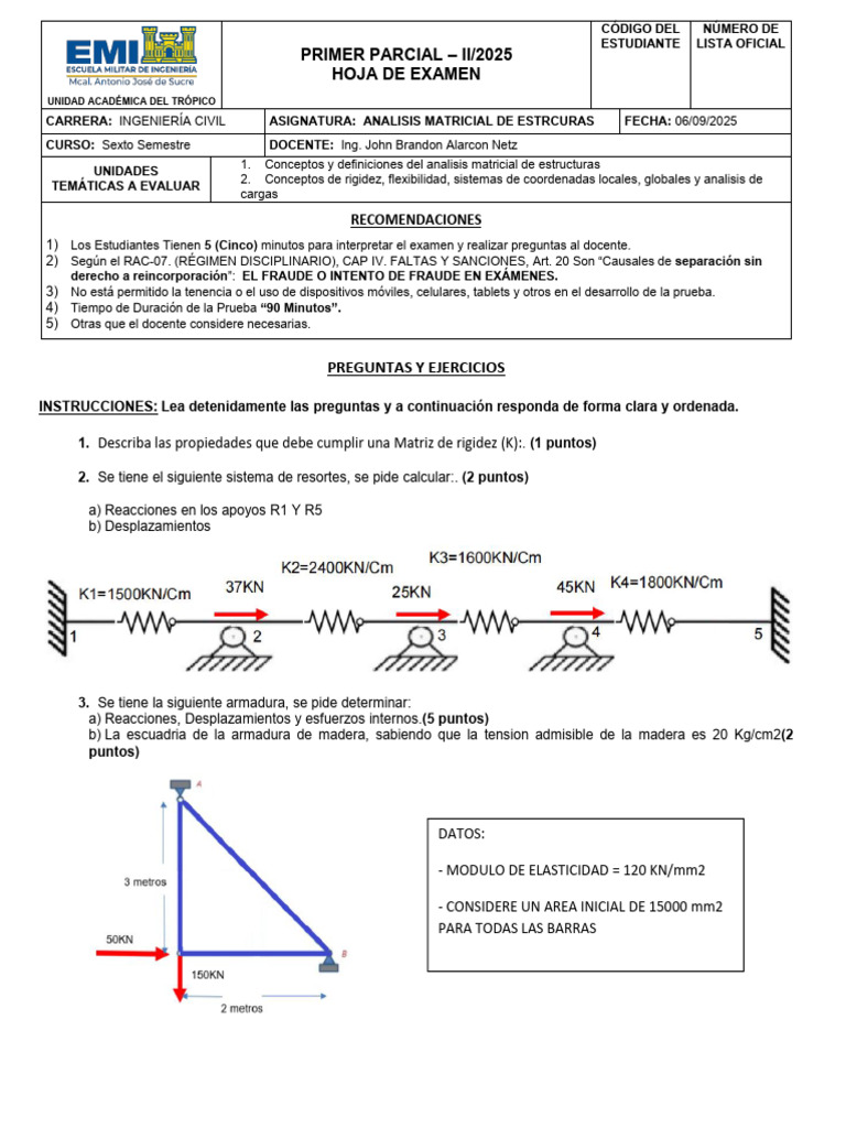Examen p1 Analisis Matricial | PDF | Rigidez