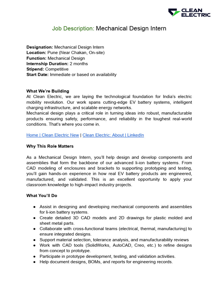 Job Description Mechanical Design Intern 1 | PDF | Computer Aided ...