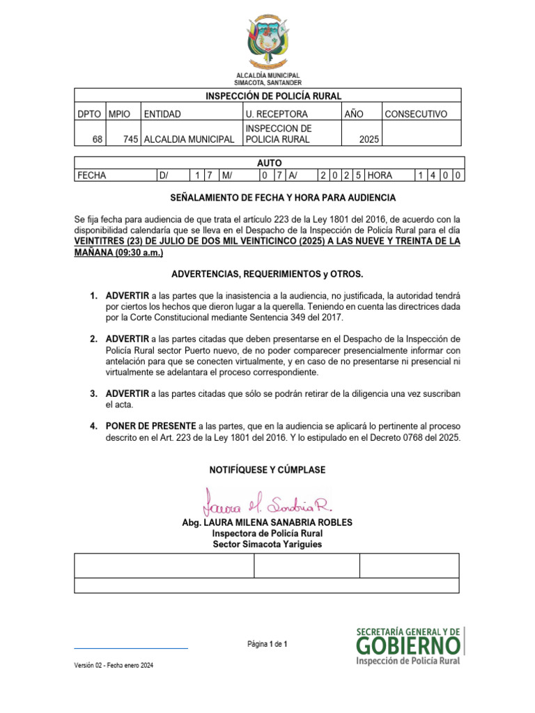 Citacion Jonathan Pinzon - Jhon Blanco | PDF