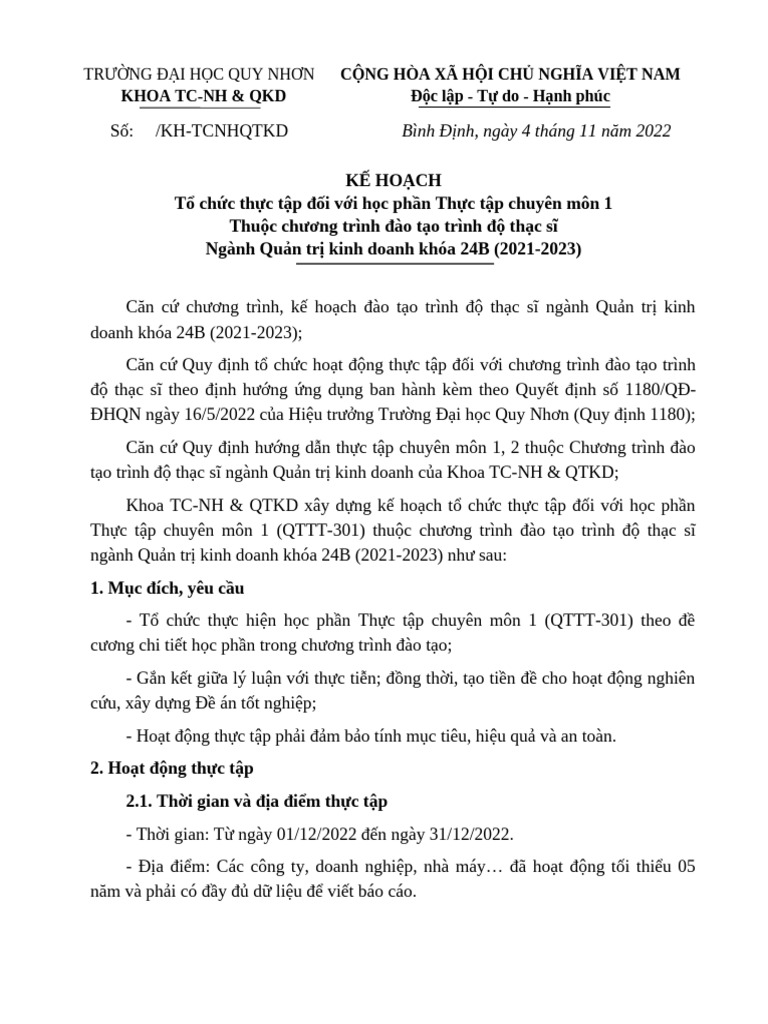 1. Kế Hoạch Thực Tập Chuyên Môn 1 QTKD K24B | PDF