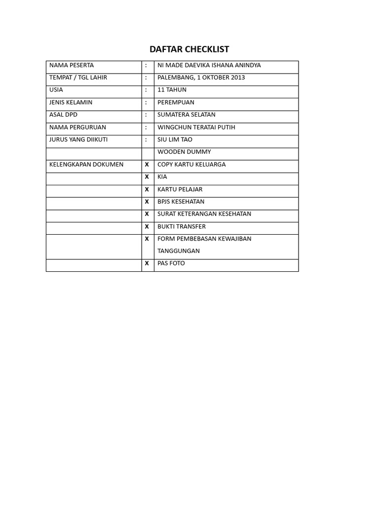 Checklist Pendaftaran Wingchun Anak 11 Tahun | PDF