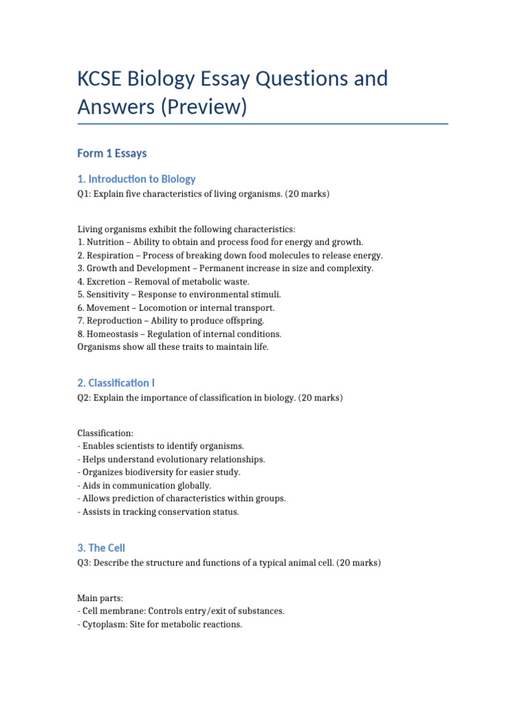 KCSE Biology Essay Questions Guide | PDF
