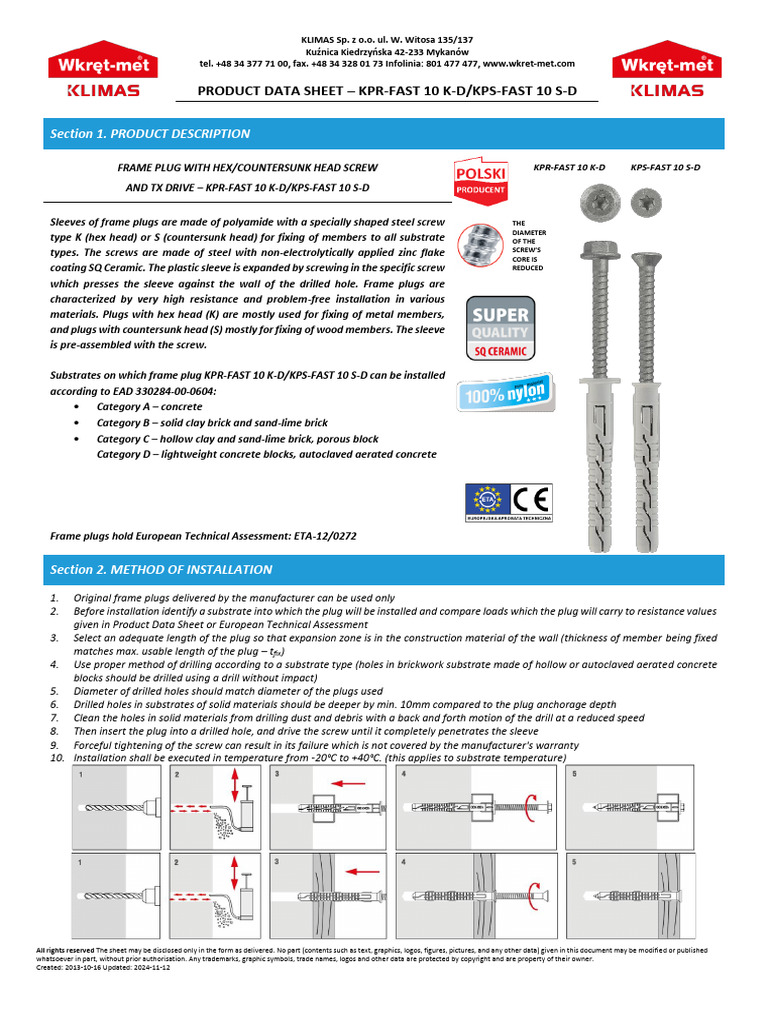 KPR-FAST 10 Frame Plug Data Sheet | PDF | Building Materials | Materials