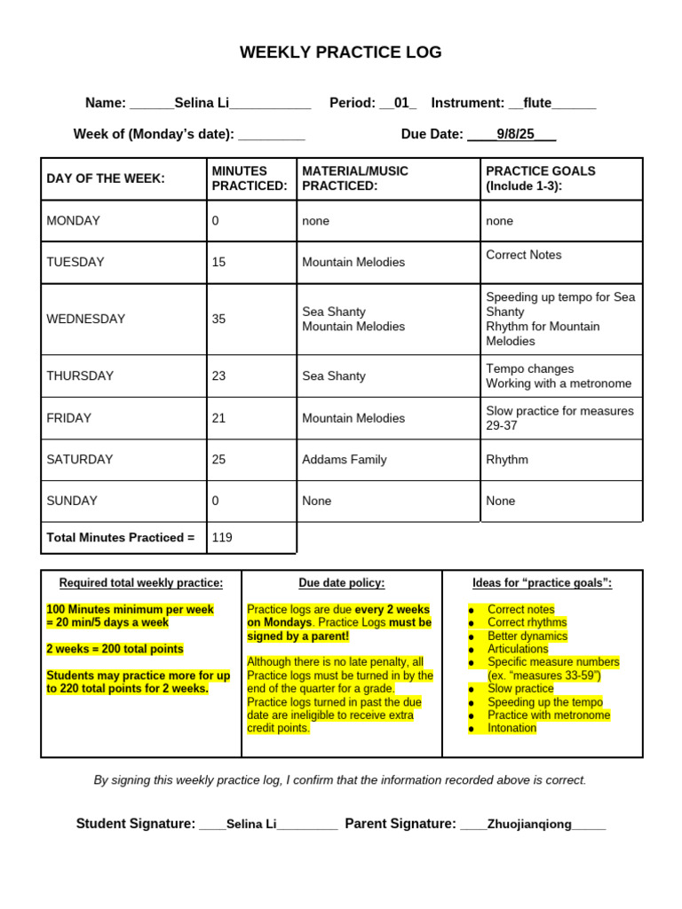 Weekly Practice Log 1 | PDF | Tempo | Rhythm
