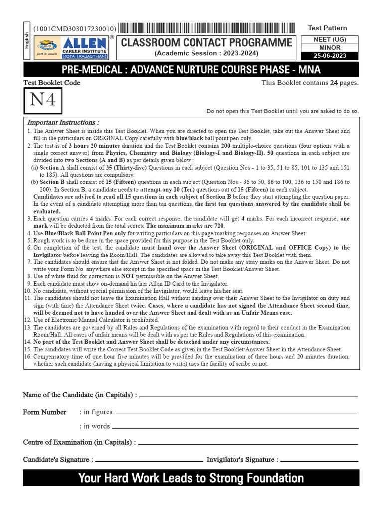 Pre-Medical: Advance Nurture Course Phase - Mna: Classroom Contact ...
