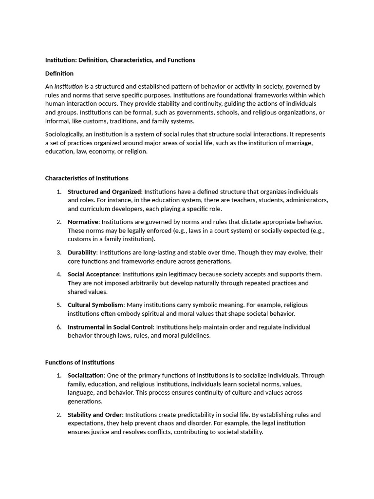 Institution Definition, Characteristics, and Functions | PDF ...