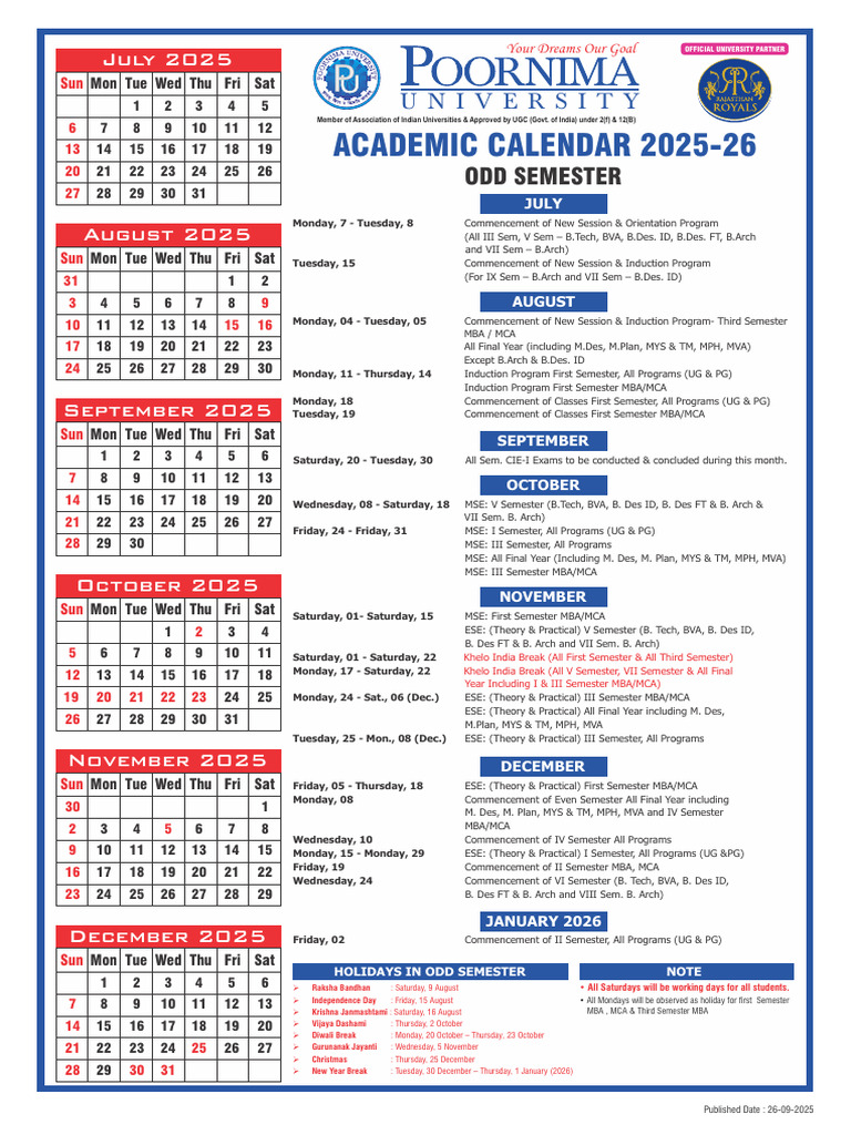 PU Academic Calendar 2025-26 | PDF
