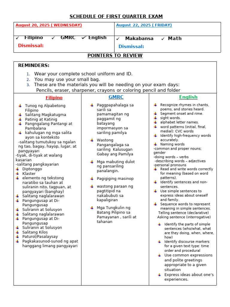 Grade 2 First Quarter Pointers To Review | PDF | Word | Linguistics