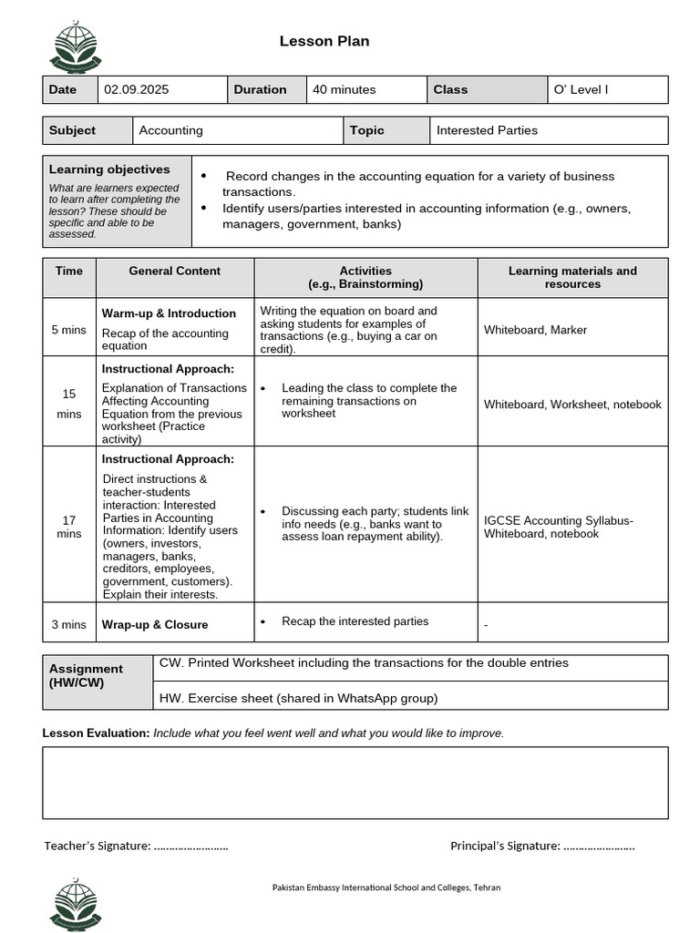 O1 Acc - 02.09 Revised Lesson Plan y | PDF | Lesson Plan | Debits And ...