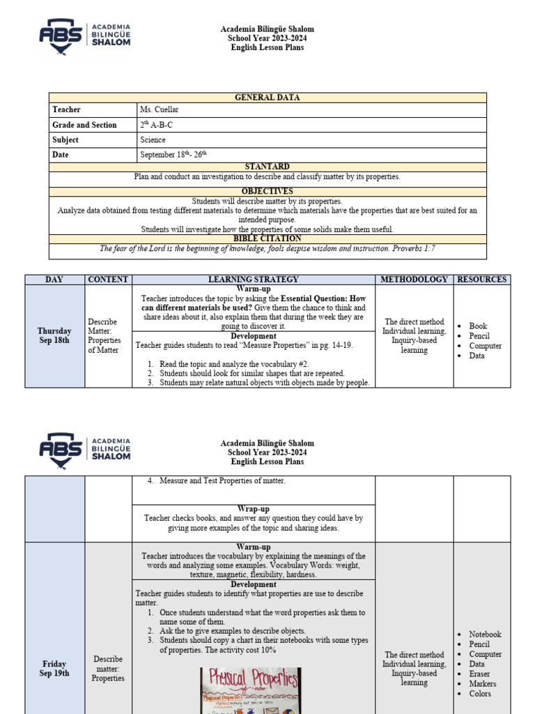Science - 2nd Grade - Sept 18th-26th | PDF | Lesson Plan | Learning
