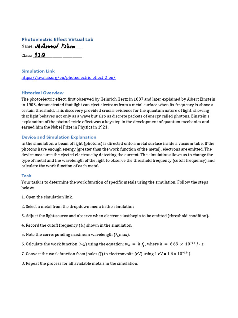 Virtual Lab: Exploring Photoelectric Effect | PDF | Photoelectric ...