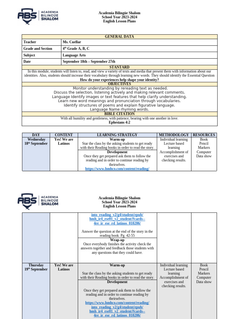 4th Grade English Lesson Plans 2023-24 | PDF | Learning | Human ...