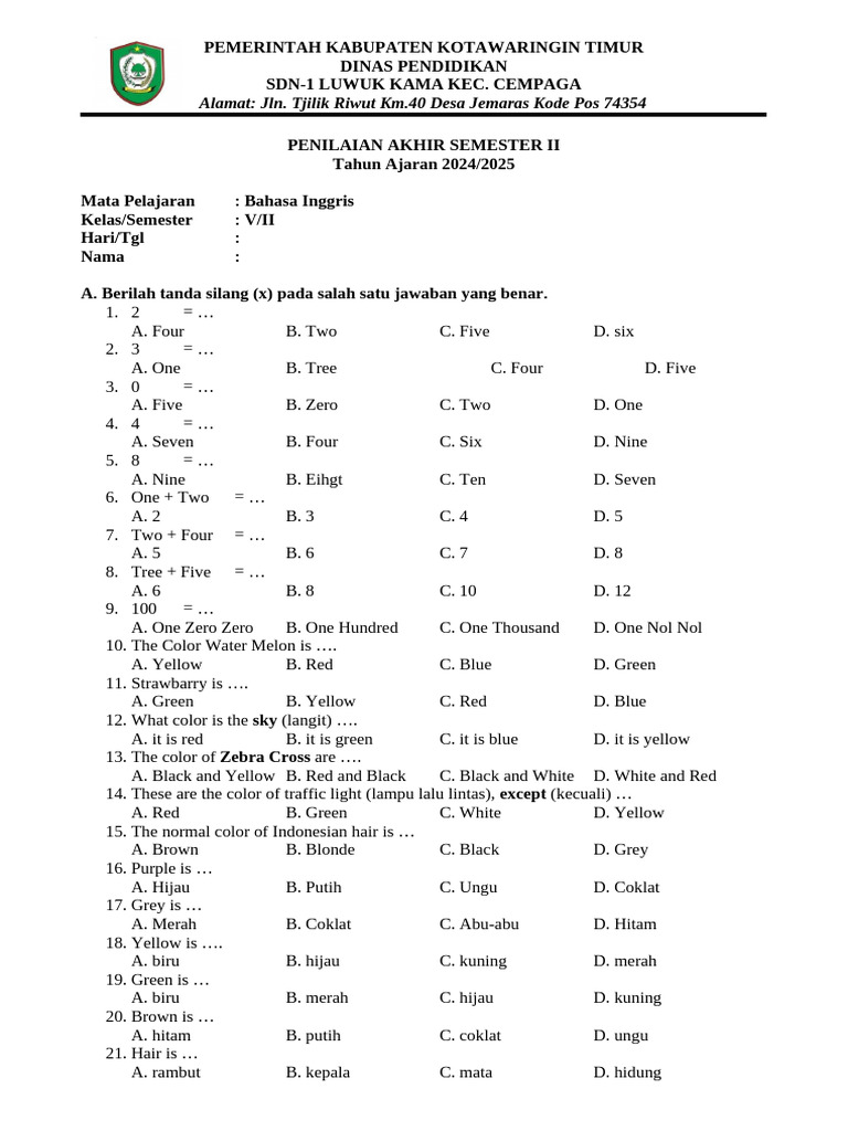 Soal Pas B. Inggris Kls 1-6 | PDF | Visual Perception | Color