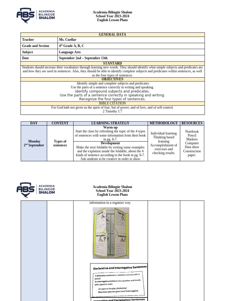 ELA - Lesson Plan - 4th Grade September 2nd To 13th | PDF | Lesson Plan ...