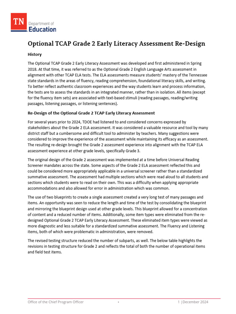 Optional TCAP Grade 2 Early Literacy Assessment ReDesign | PDF ...