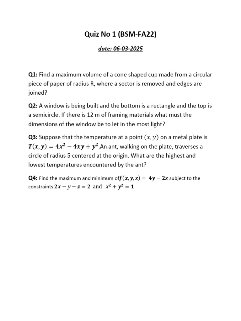 Optimization Problems Quiz BSM-FA22 | PDF