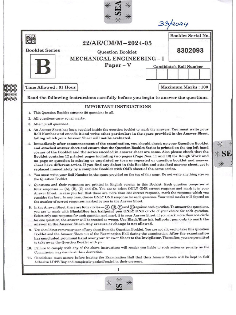 Paper V Assistant Engineer I Mechanical | PDF