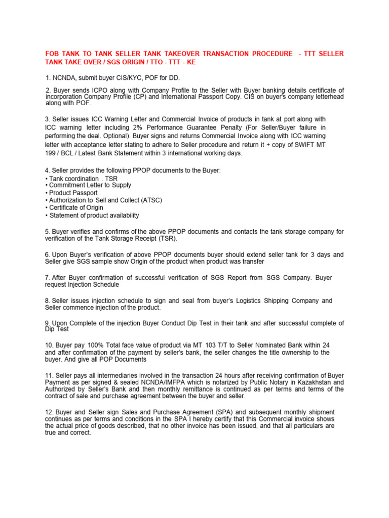 Fob Tank to Tank Seller Tank Takeover Transaction - 卖家罐接管交易流程 | PDF ...