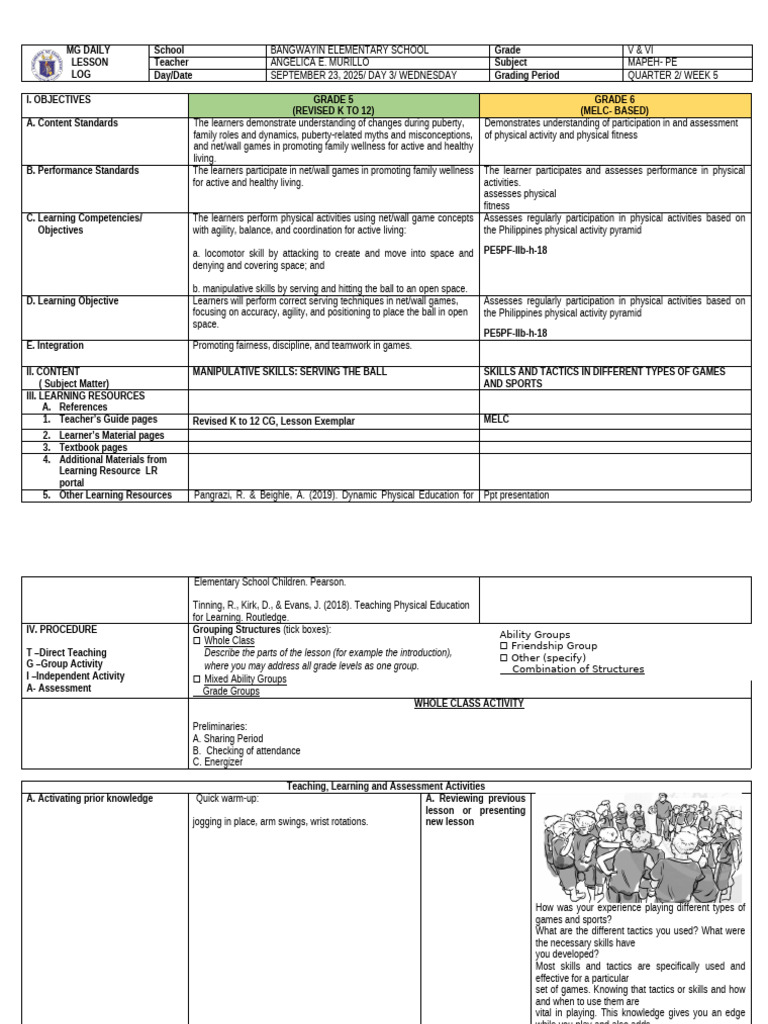 MAPEH PE Lesson Plan for Grades 5-6 | PDF | Learning
