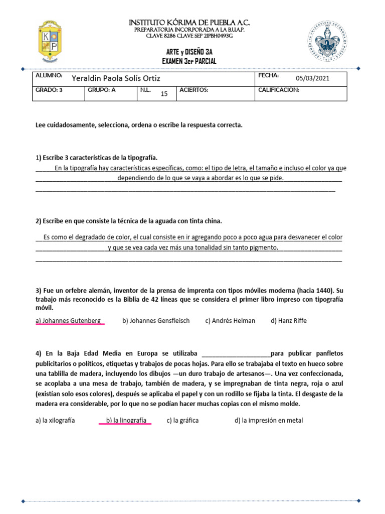 Examen de Arte y Diseño 3A Kórima | PDF | Tipografía | Johannes Gutenberg