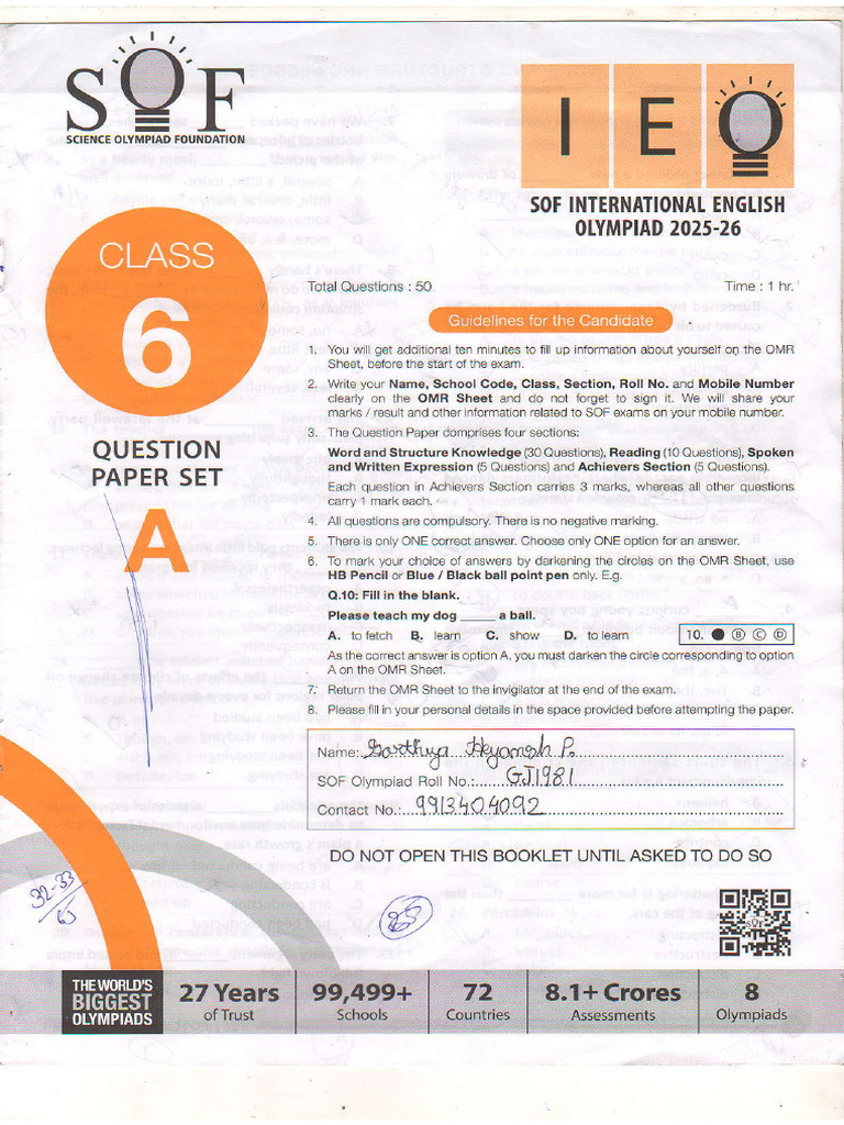 SOF IEO Answer Key 2025-26 Set A | PDF