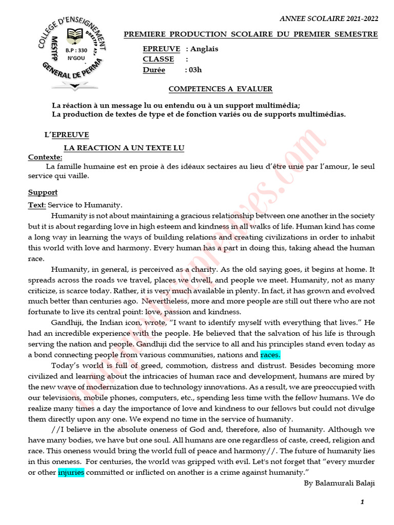 1ER DEVOIR DU 1ER SEMESTRE ANGLAIS Tle D 2021-2022 COLLEGE D'ENSEIGNEMENT GENERAL DE PERMA | PDF ...