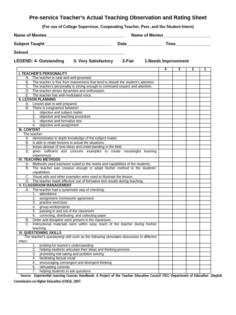 Teacher Observation Rating Sheet | PDF | Teachers | Learning