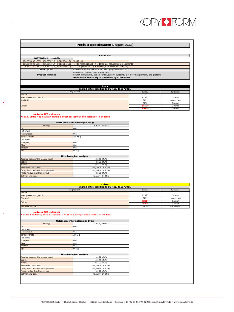 Product Specification Edible Ink Epson | PDF