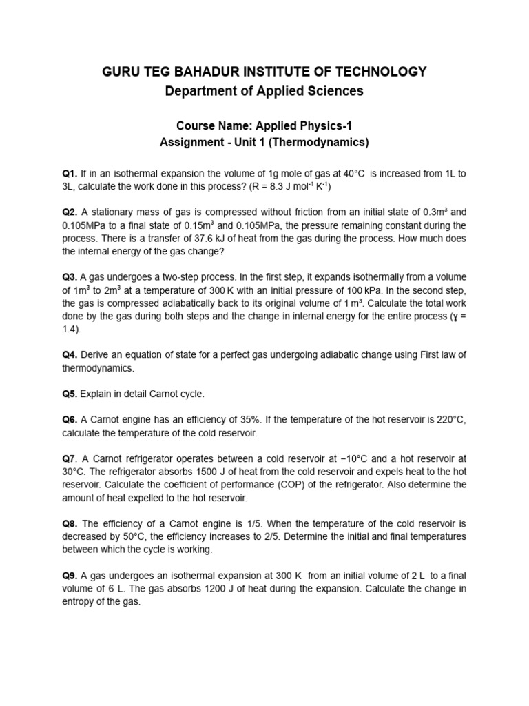 Thermodynamics Assignment | PDF | Heat | Gases