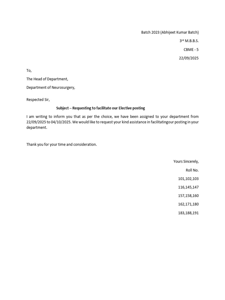 Elective Posting Request - Neurosurgery Batch 2023 | PDF