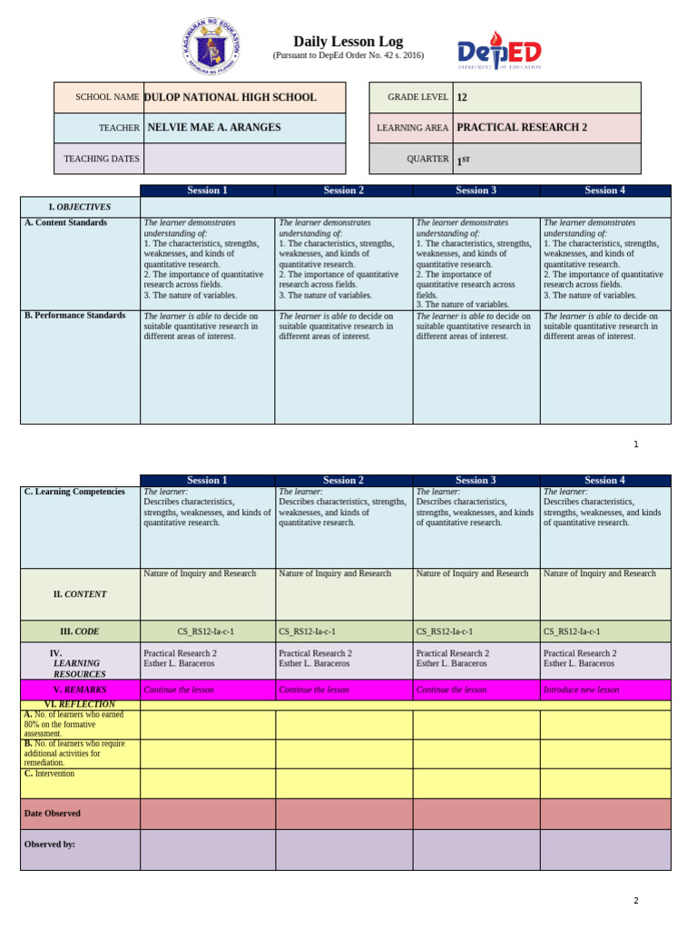 Grade 12 Practical Research Lesson Log | PDF | Learning | Hypothesis