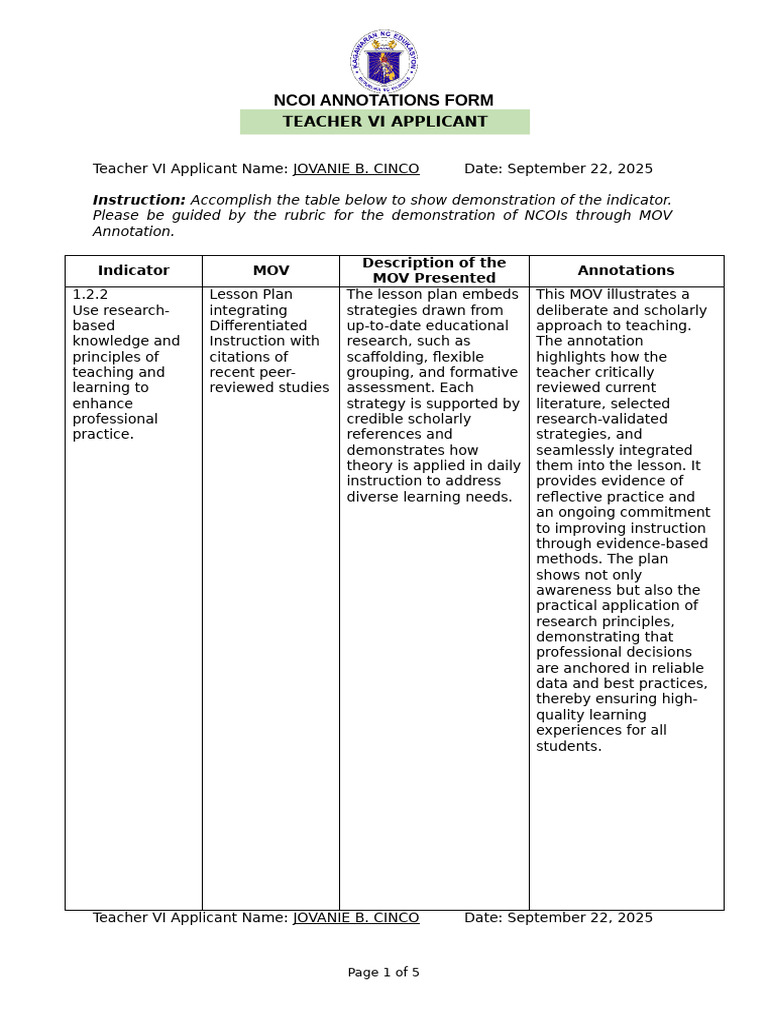 NCOI Annotations Form For Teacher VI Applicant | PDF | Educational ...