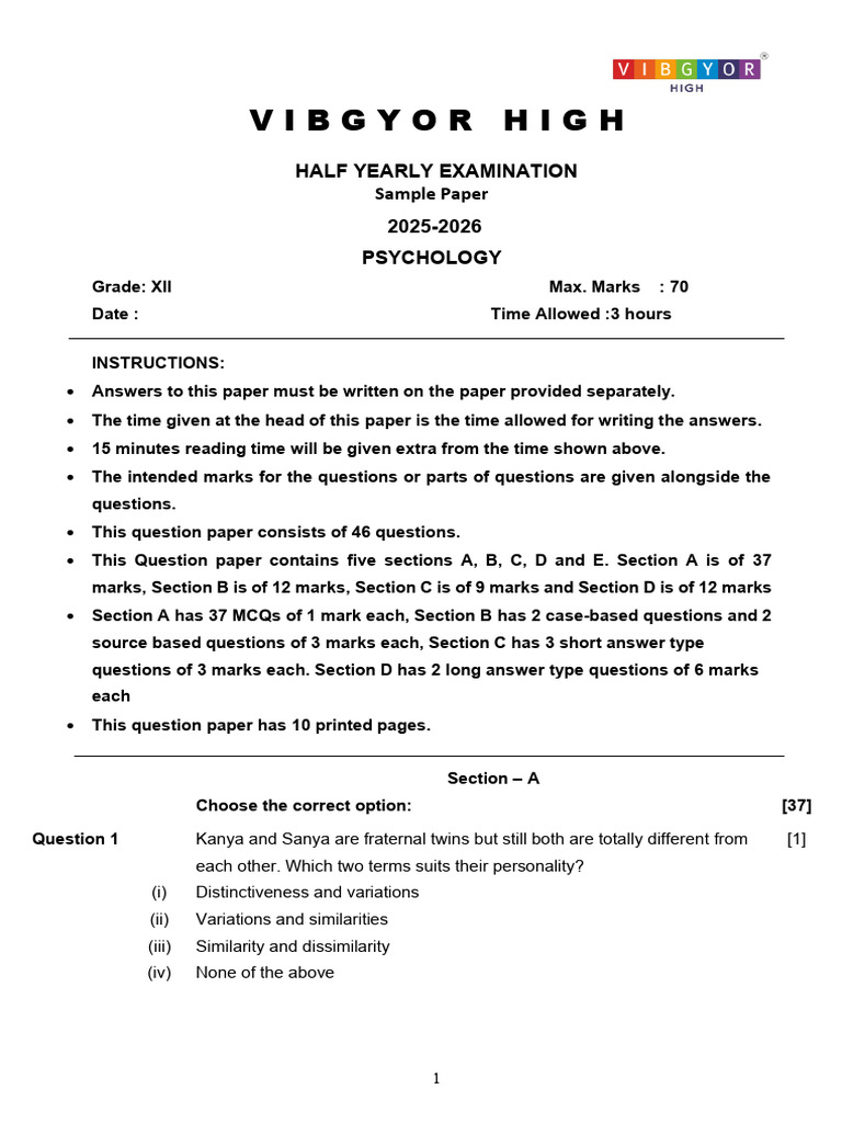 Class 12 Psychology Sample Paper 2025-26 | PDF | Mental Disorder | Anxiety