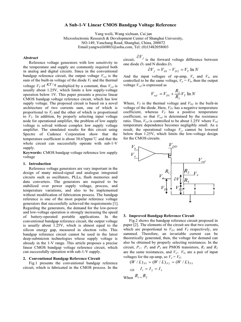 A Sub-1-V Linear CMOS Bandgap Voltage Reference | PDF | Bipolar ...