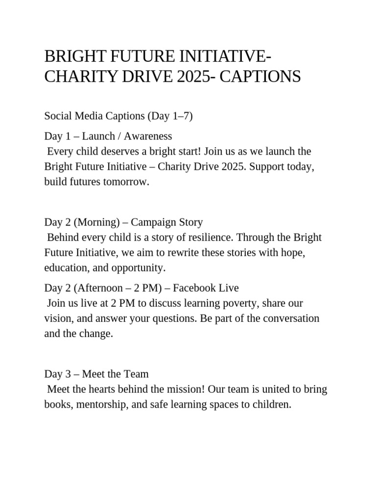 Bright Future Initiative - Charity Drive 2025 Captions | PDF