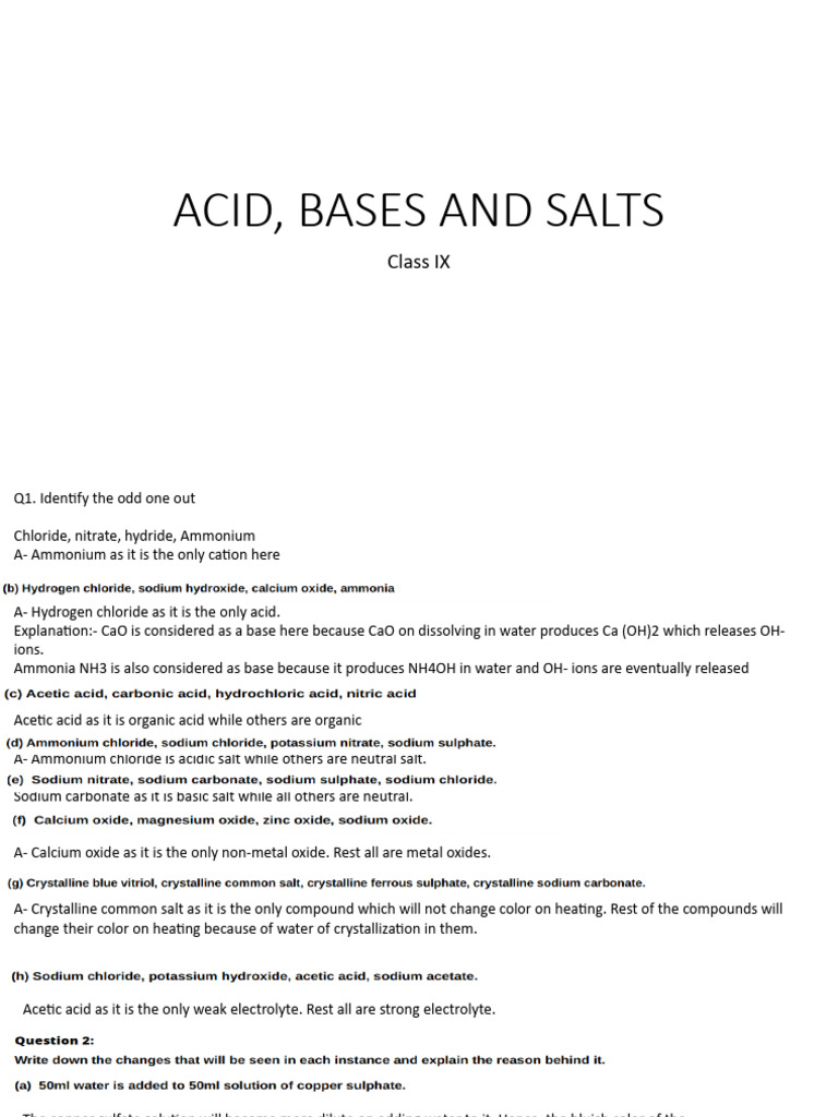 Acids, Bases, Salts Exercise Solutions PDF | PDF | Salt (Chemistry) | Acid