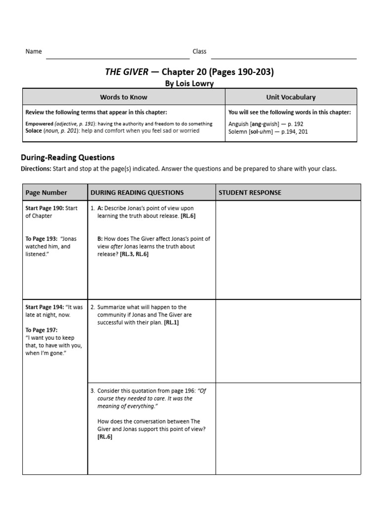 The Giver Chapter 20 During-Reading Questions | PDF | The Giver ...