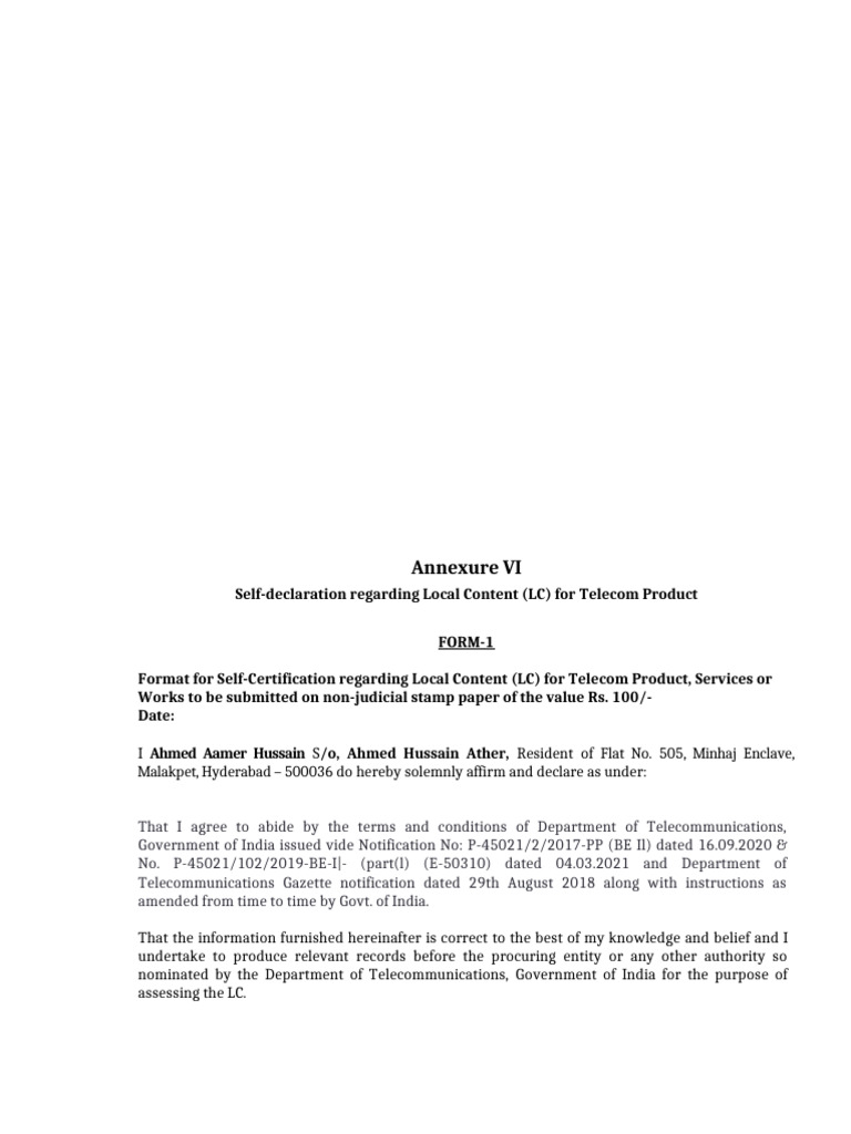 Annexure - VI - Self-Declaration Regarding Local Content (LC) For Telecom Product | PDF ...