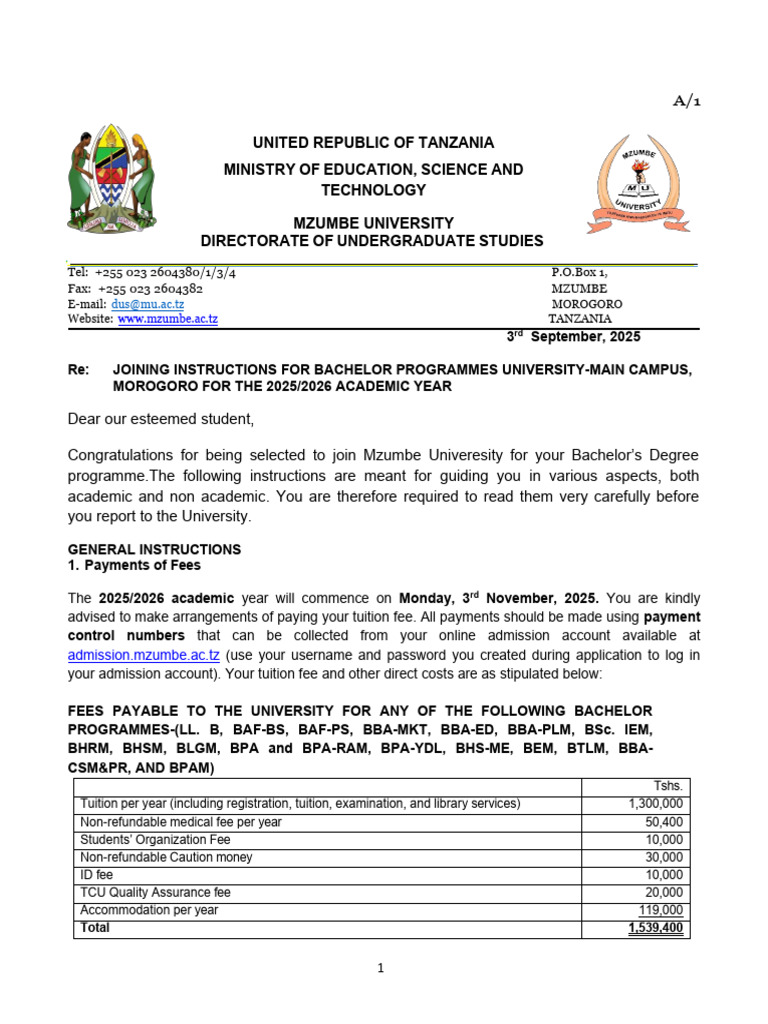 Mzumbe University Joining Instructions 2025 | PDF | Blood Pressure ...