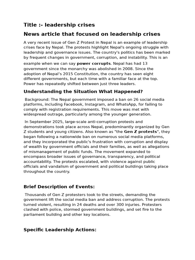 News Article That Focused On Leadership Crises 1 | PDF | Accountability ...