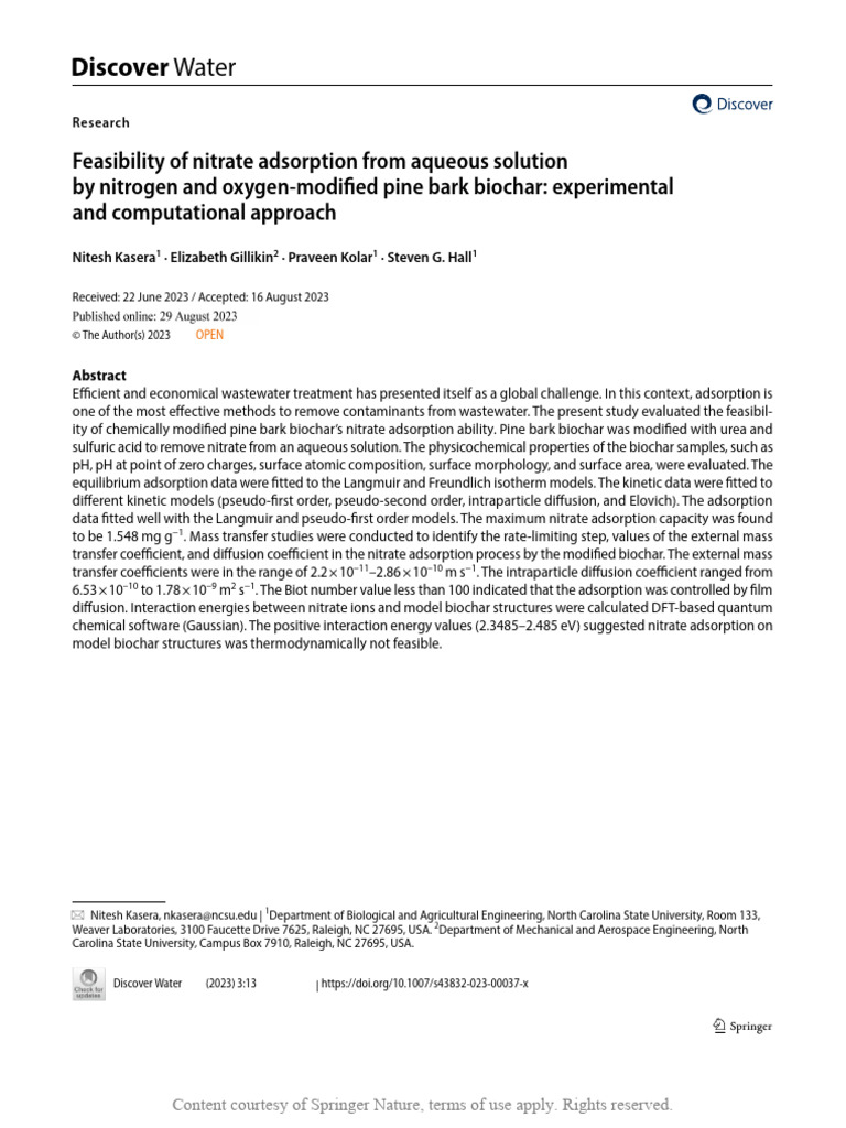 Feasibility of Nitrate Adsorption From Aqueous Solution by Nitrogen and ...