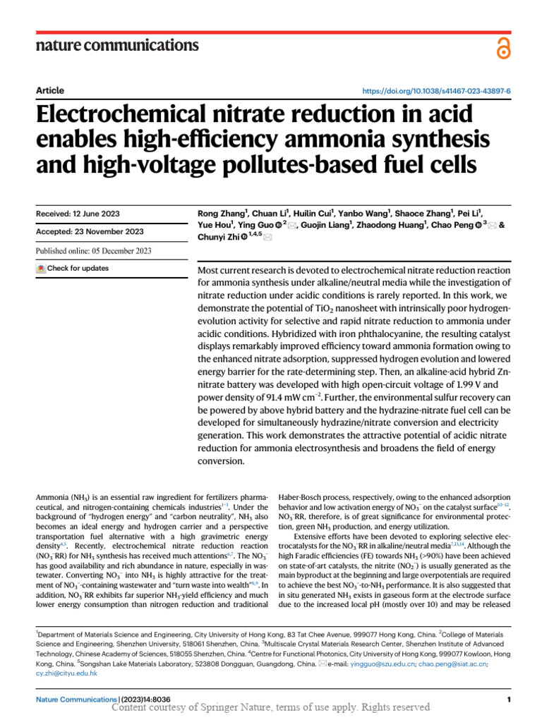Acidic Nitrate Reduction for Ammonia Synthesis | PDF | Ammonia ...