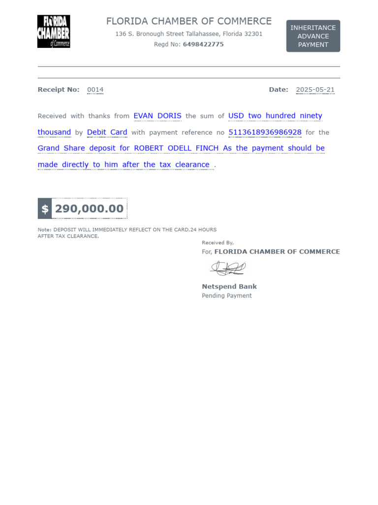 Florida Chamber Receipt for Inheritance Payment | PDF