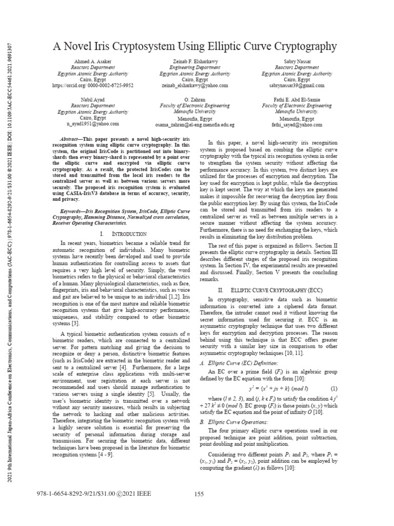 A Novel Iris Cryptosystem Using Elliptic Curve Cryptography | PDF | Biometrics | Cryptography
